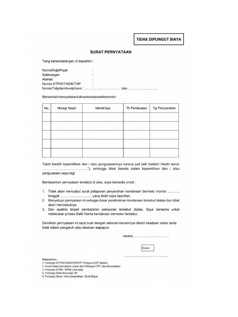 Form Surat Pernyataan Blokir STNK | PDF