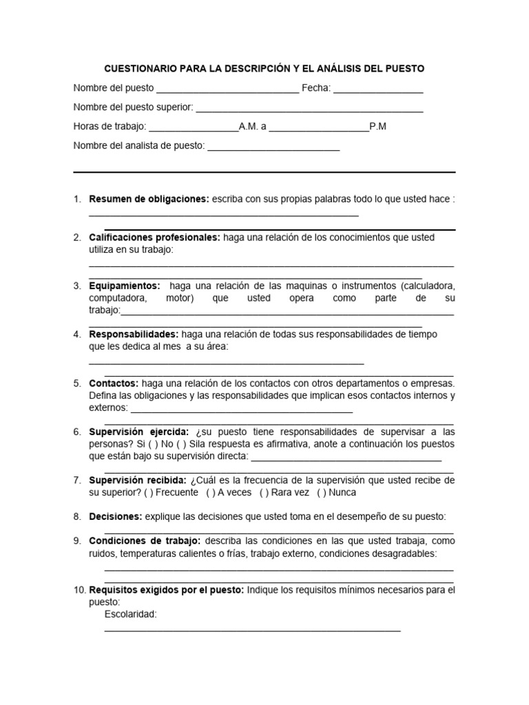 CUESTIONARIO PARA LA DESCRIPCIÓN Y EL ANÁLISIS DEL PUESTO | PDF