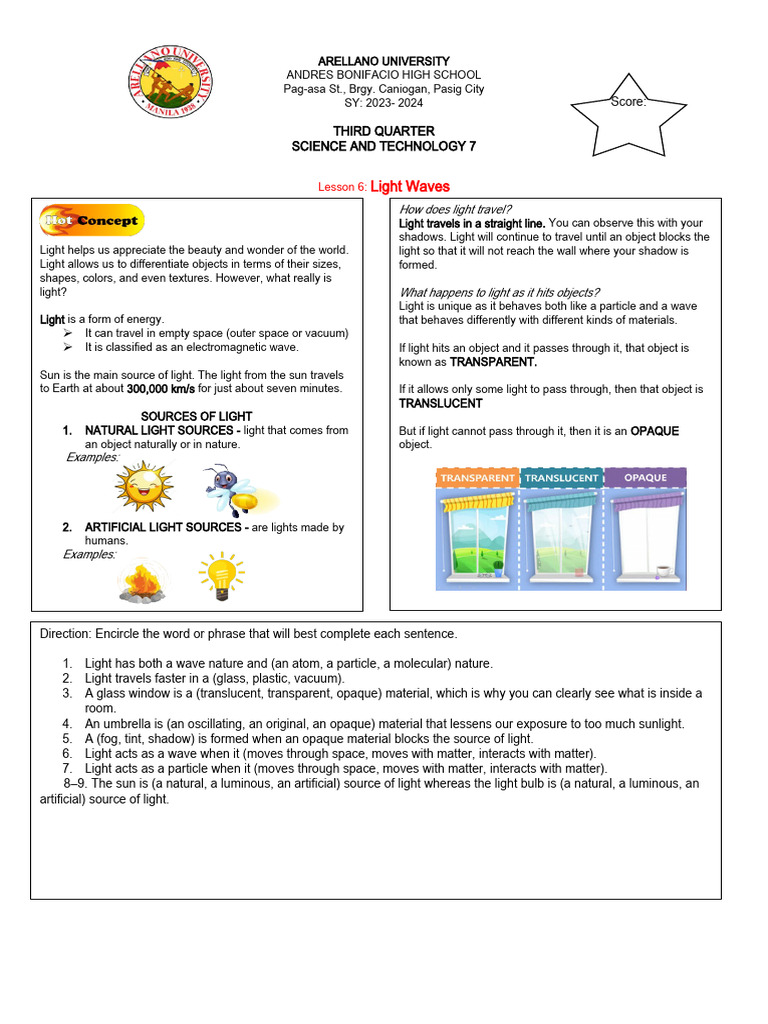 Lesson 6 Light Waves - Student's | PDF | Light | Waves