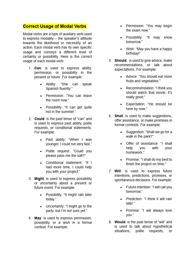 Correct Usage of Modal Verbs | PDF | Perfect (Grammar) | Verb