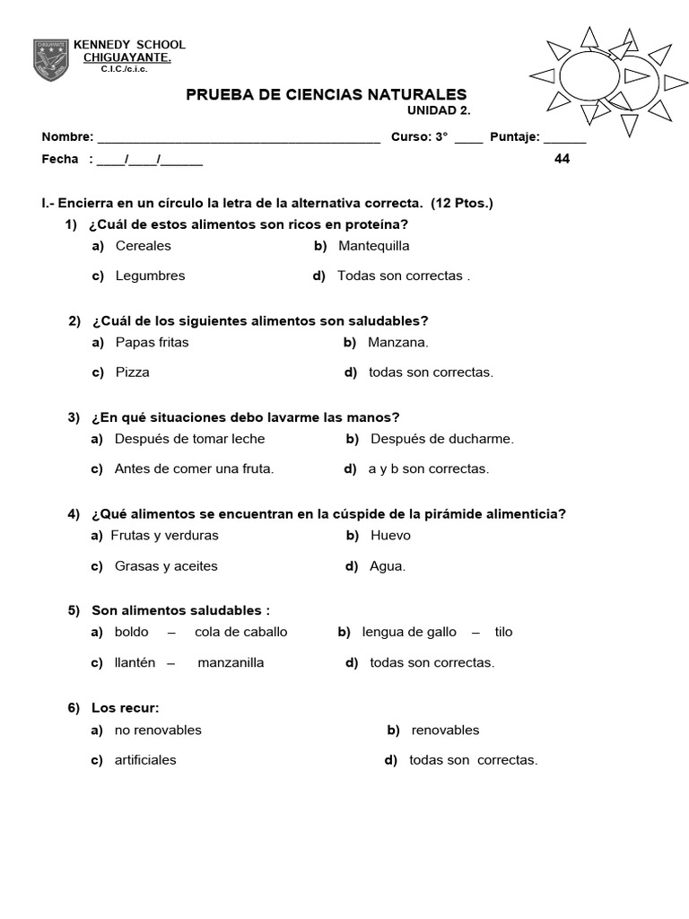 Prueba de C. Nat. Unid. 2 | PDF | Alimentos | Comida y bebida