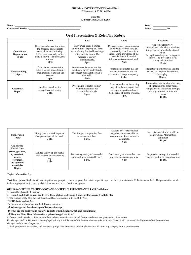 GEN 003 P2 Performance Task Rubric | PDF | Nonverbal Communication ...