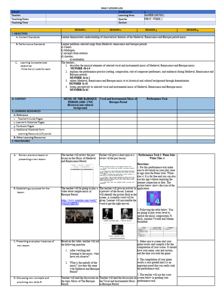 Baroque Music Lesson Plan for Grade 9 | PDF | Educational Assessment ...