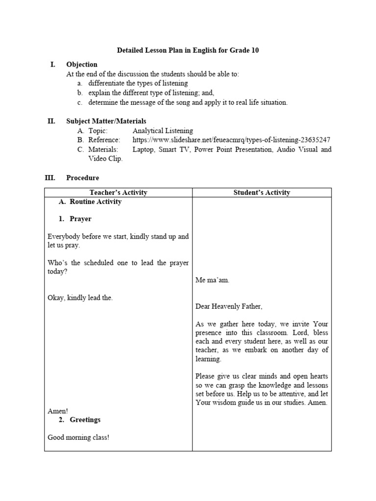 Listening Comprehension - Detailed Lesson Plan in English for Grade 10 ...