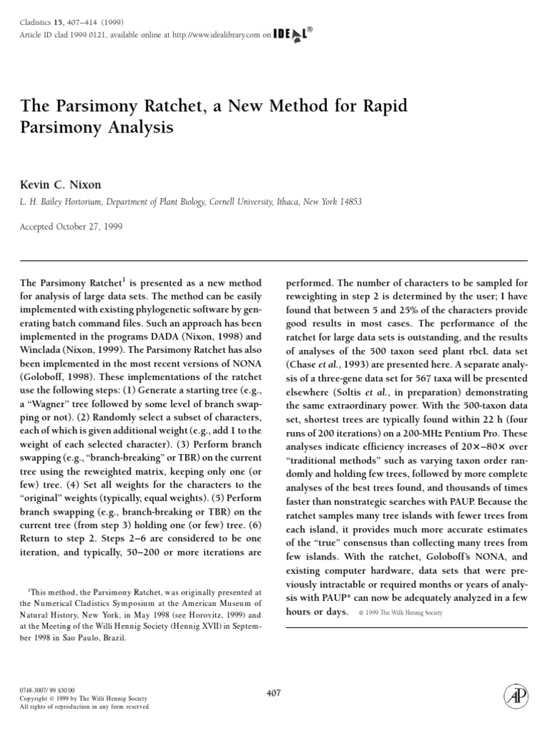 Cladistics - 2005 - Nixon - The Parsimony Ratchet A New Method For Rapid Parsimony Analysis ...