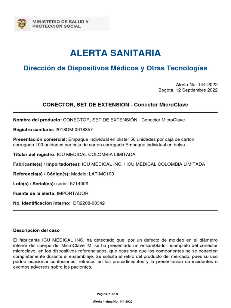Alerta No - #144-2022 - CONECTOR, SET DE EXTENSIÓN - Conector MicroClave | PDF | Dispositivo ...