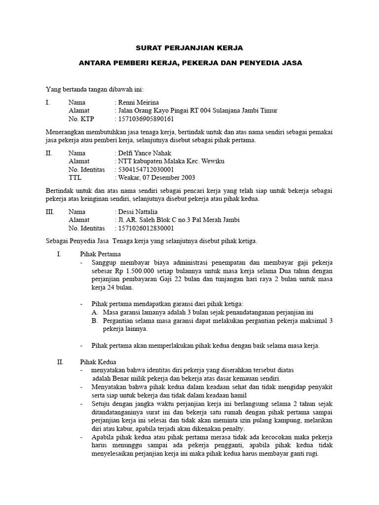 Perjanjian Kerja Antara Pemberi Kerja Dan Pekerja | PDF