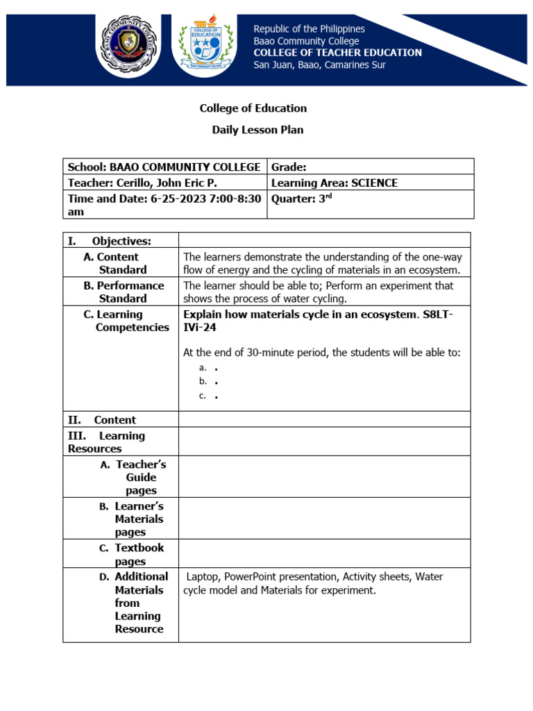 College of Teacher Education: Republic of The Philippines Baao ...