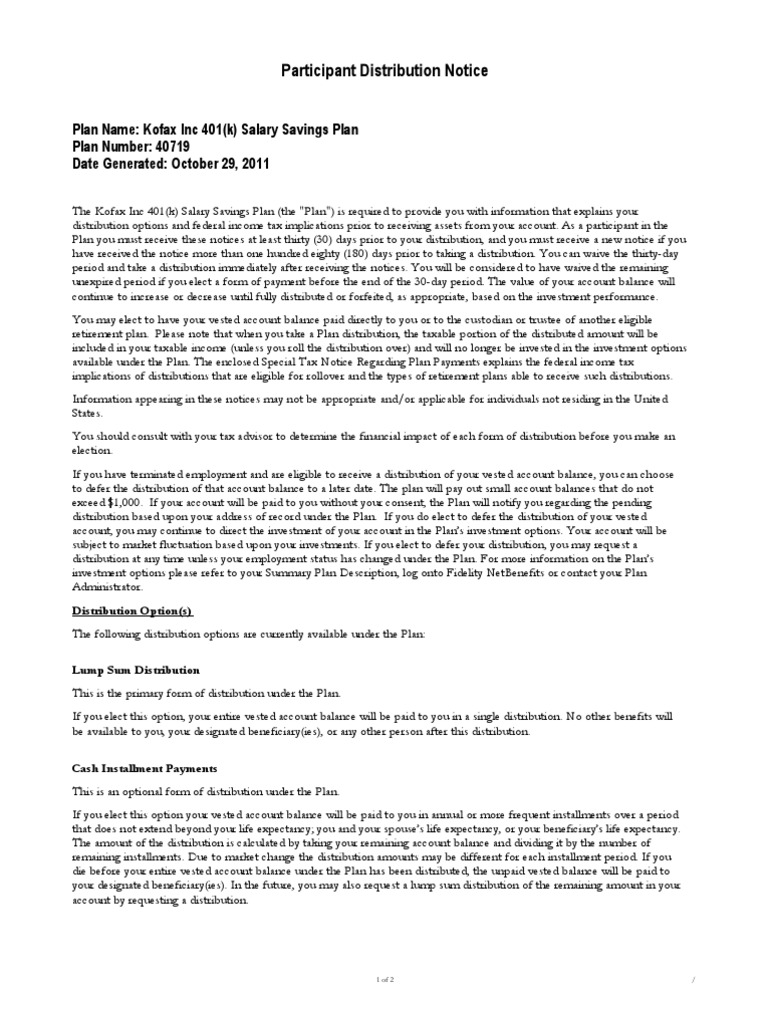 401(k) Distribution Notice Explains Tax and Payment Options | PDF ...