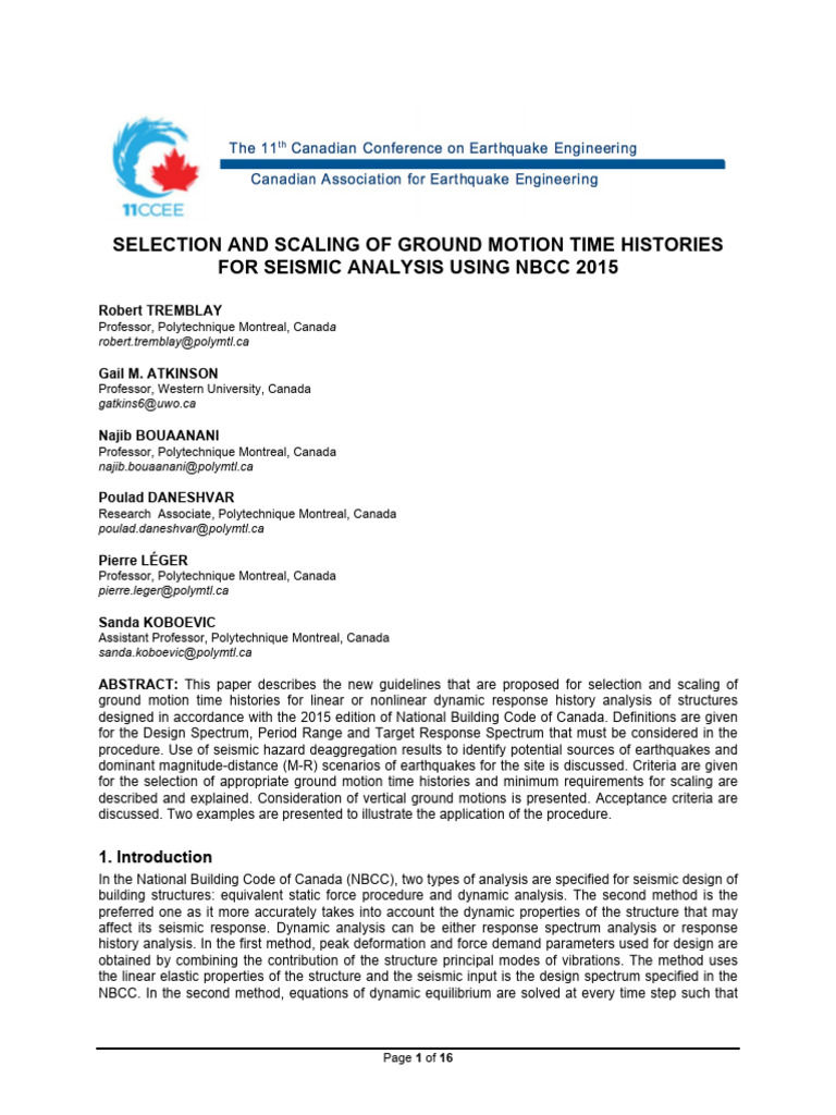 Selection and Scaling of Ground Motion Time Histories - Canadian Conference11 | PDF | Elasticity ...