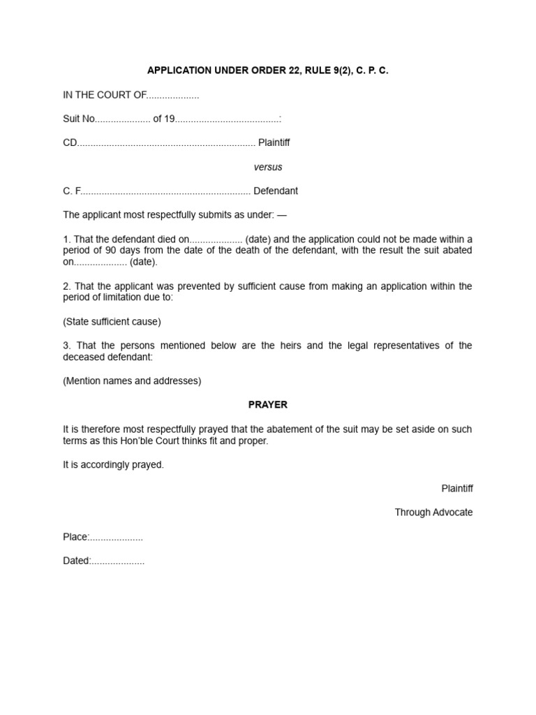 Application Under Order 22, Rule 9 (2), C. P. C. | PDF