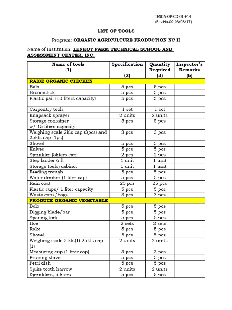 Oap List of Tools | PDF | Tools | Farming Tools