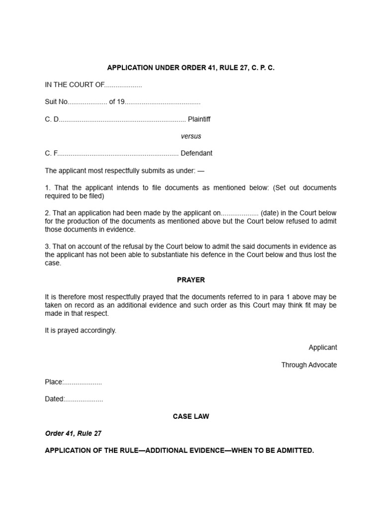 Application Under Order 41, Rule 27, C. P. C. | PDF | Lawsuit | Legal Procedure