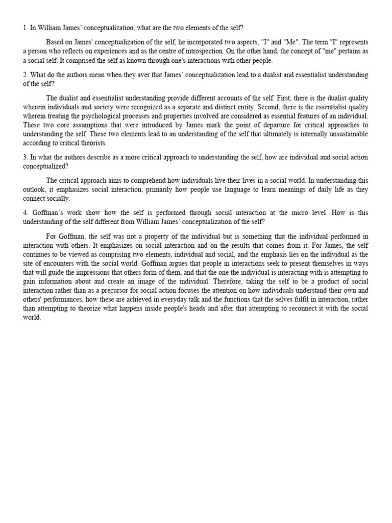 Understanding Self: James vs. Goffman | PDF | Self | Essentialism