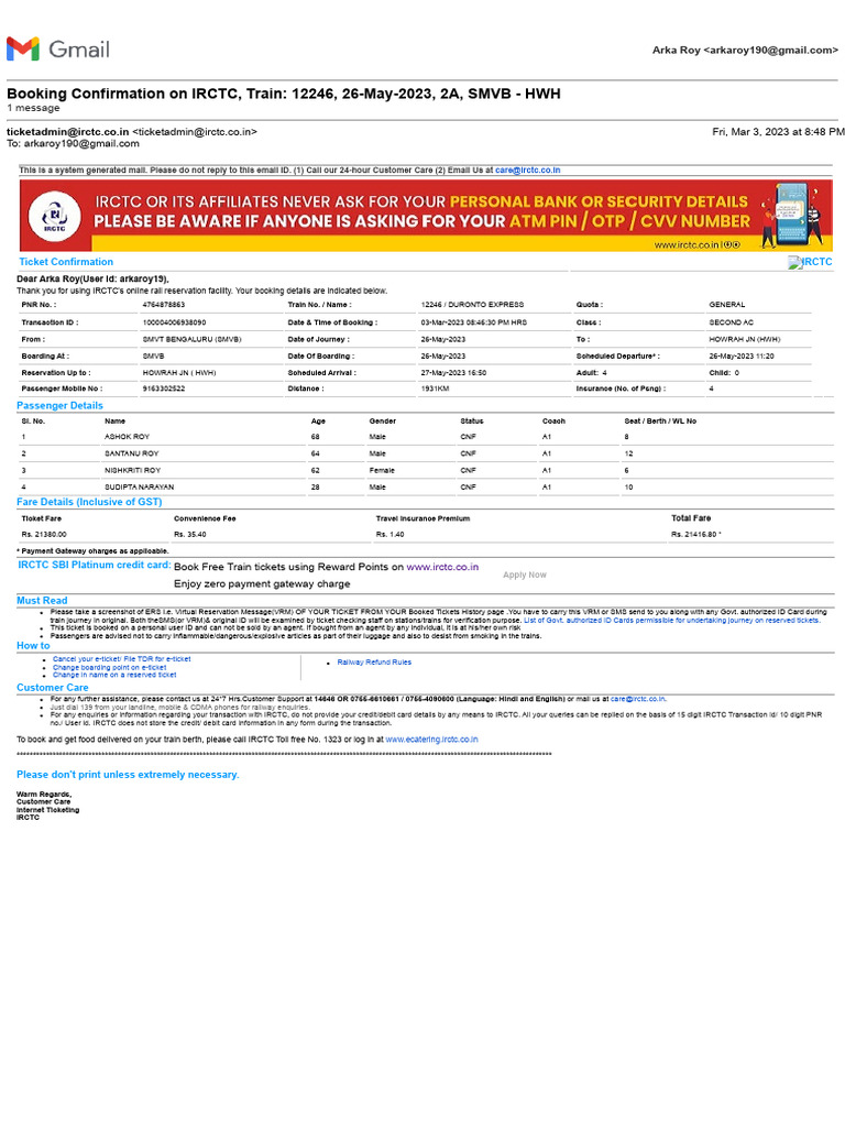 IRCTC Train Booking Confirmation | PDF | Credit Card | Debit Card