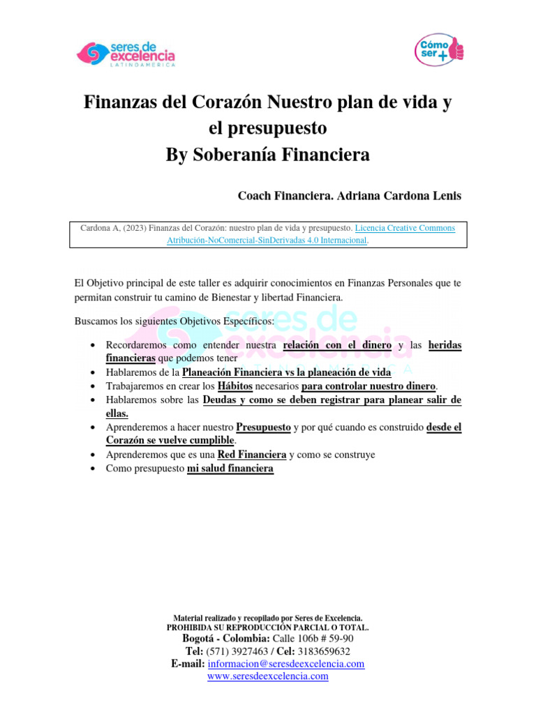MATERIAL DE APOYO Finanzas del Corazón Nuestro plan de vida y el presupuesto | PDF | Presupuesto ...