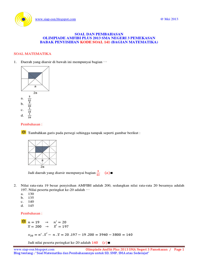 Soal Dan Pembahasan Olimpiade Amfibi Plus 2013 Sma Negeri 3 Pamekasan Babak Penyisihan Kode Soal ...