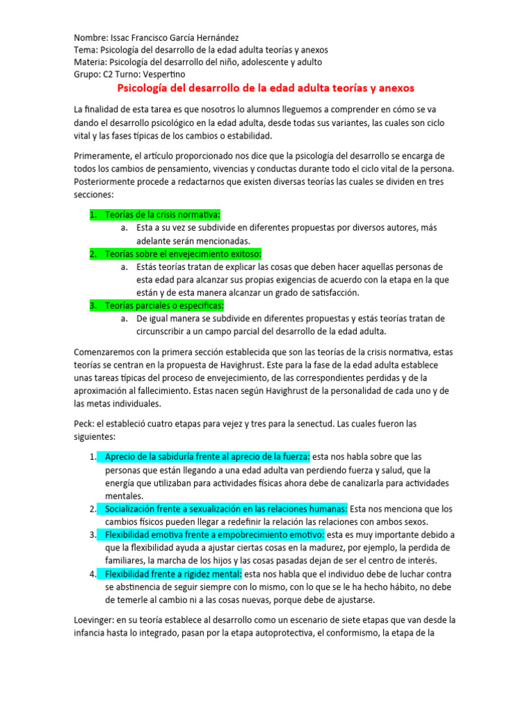 Psicología del desarrollo de la edad adulta teorías y anexos1 | PDF | Adultos | Psicología del ...