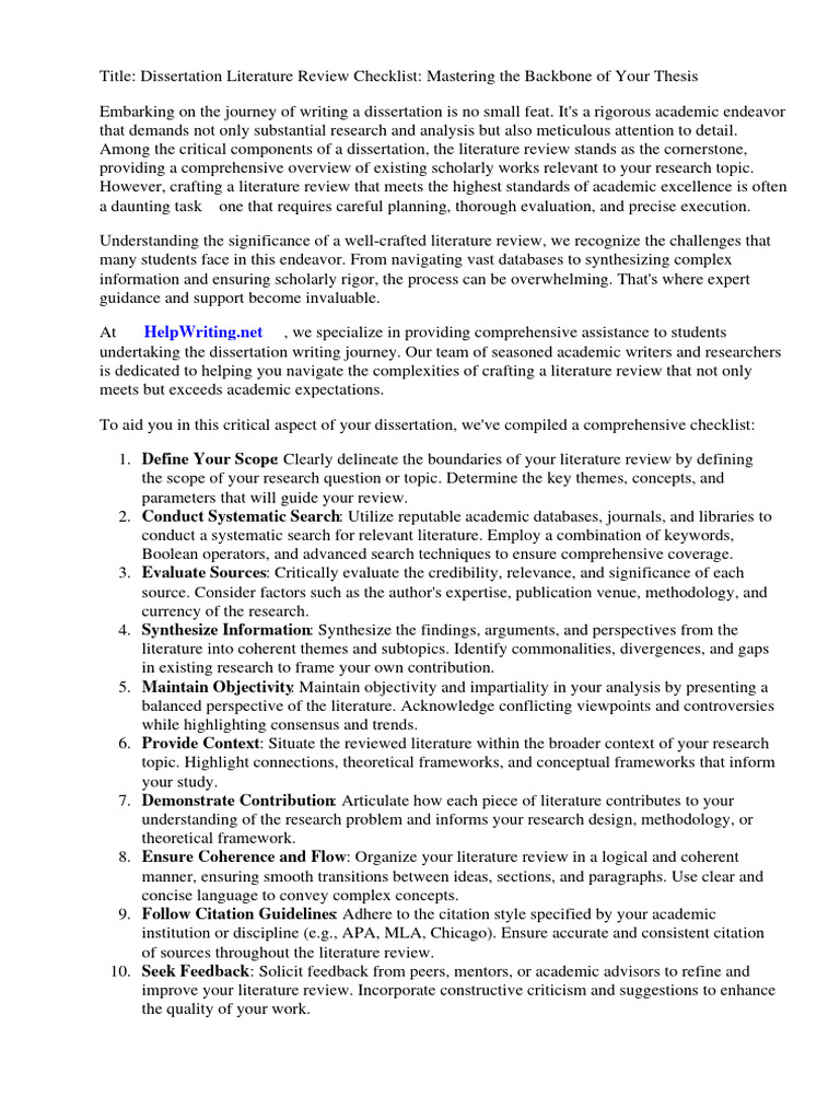 Dissertation Literature Review Checklist | PDF | Thesis | Literature Review