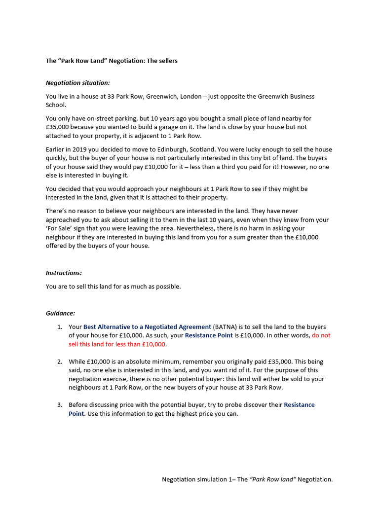 Park Row Land Negotiation Guide | PDF | Negotiation | Market (Economics)