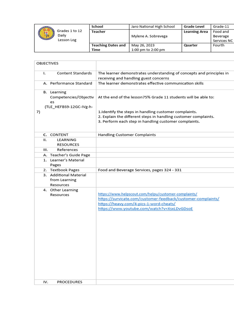 DLP - FBS NC II - Handling Customer Complaints | PDF | Learning ...