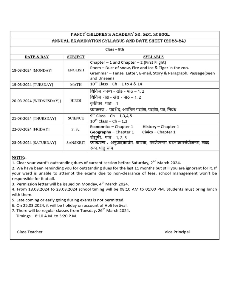 Class 9th Annual Exam Syllabus and Datesheet | PDF