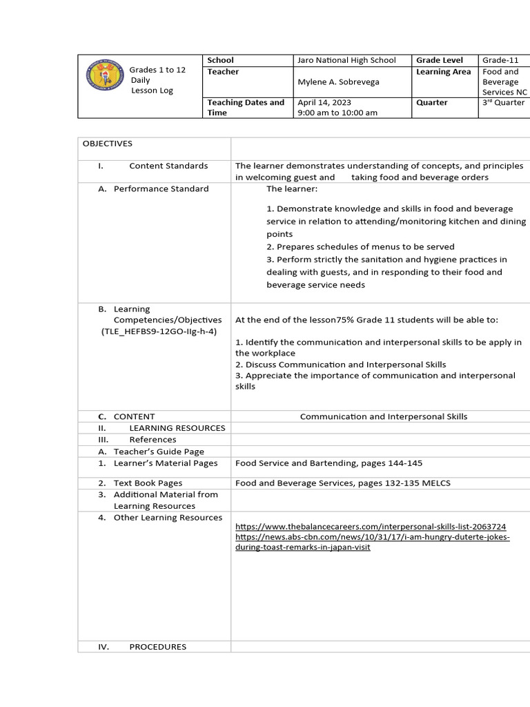 DLP - FBS NC II - Communication & Interpersonal Skills | PDF | Communication | Learning