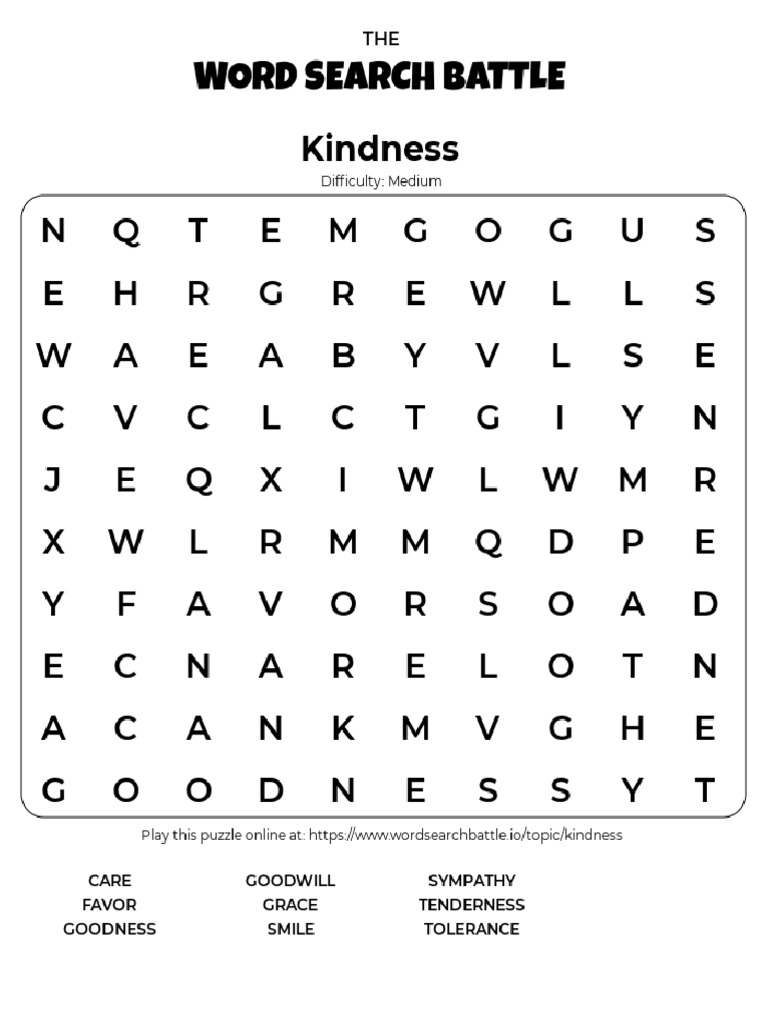 Medium Kindness Word Search Printable | PDF