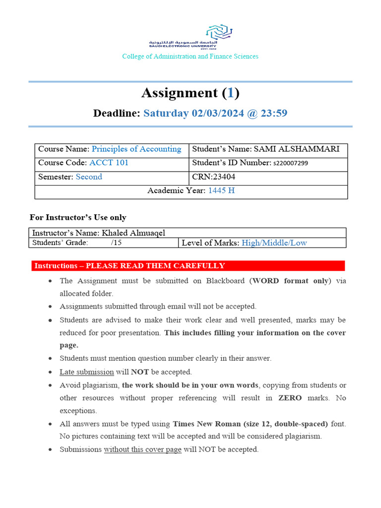 Assignment 1 Acct 101 (Sami Alshammari) | PDF