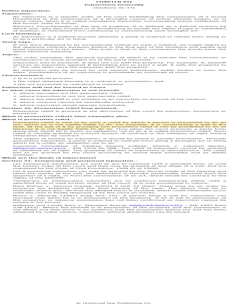 Law of Contract and Specific Relief - Chapter VII - Injunctions Generally | PDF | Legal Remedy ...