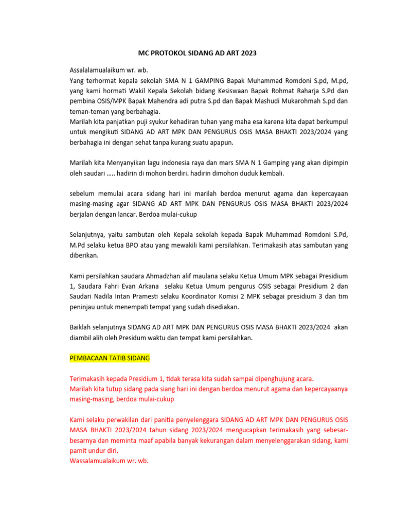 MC Protokol Sidang Ad Art 2023 | PDF