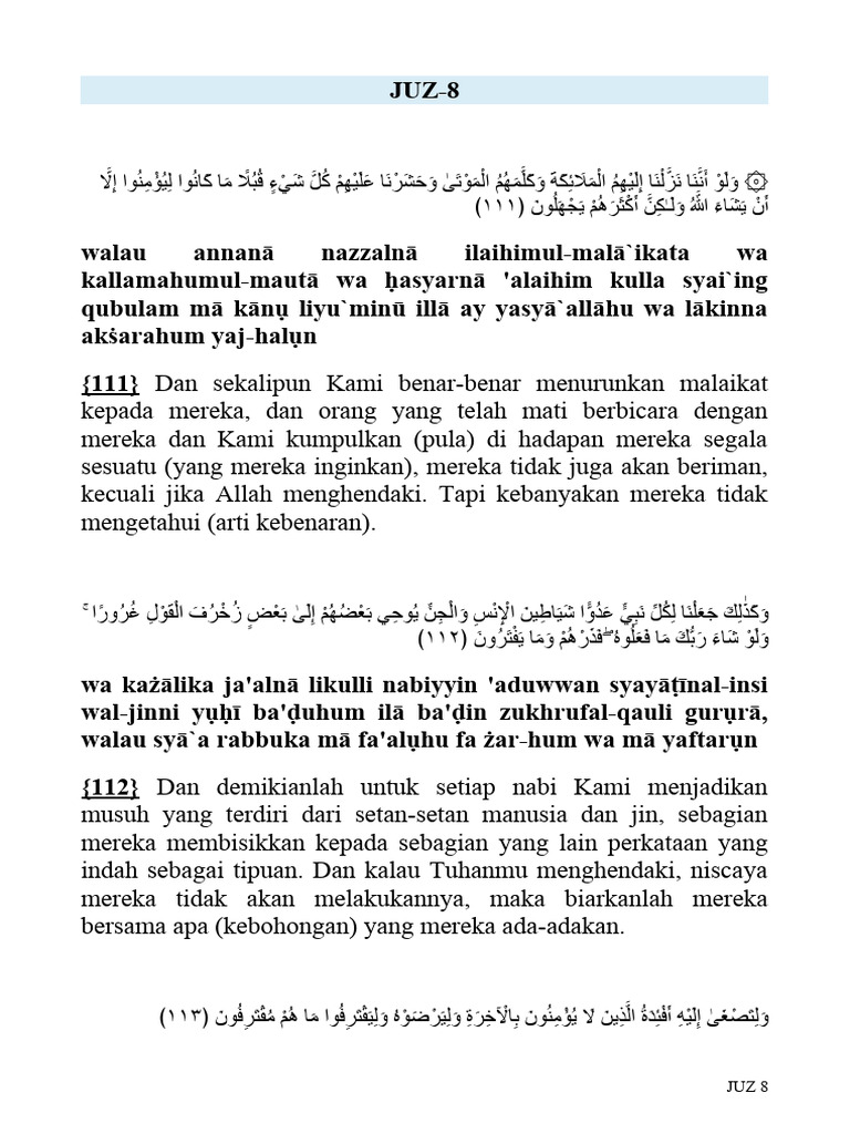 Juz 8 Arab Latin Arti | PDF