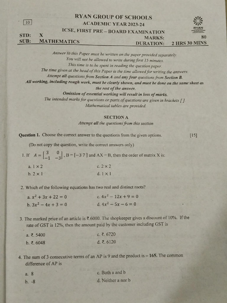 23-24 X Maths Ryan | PDF