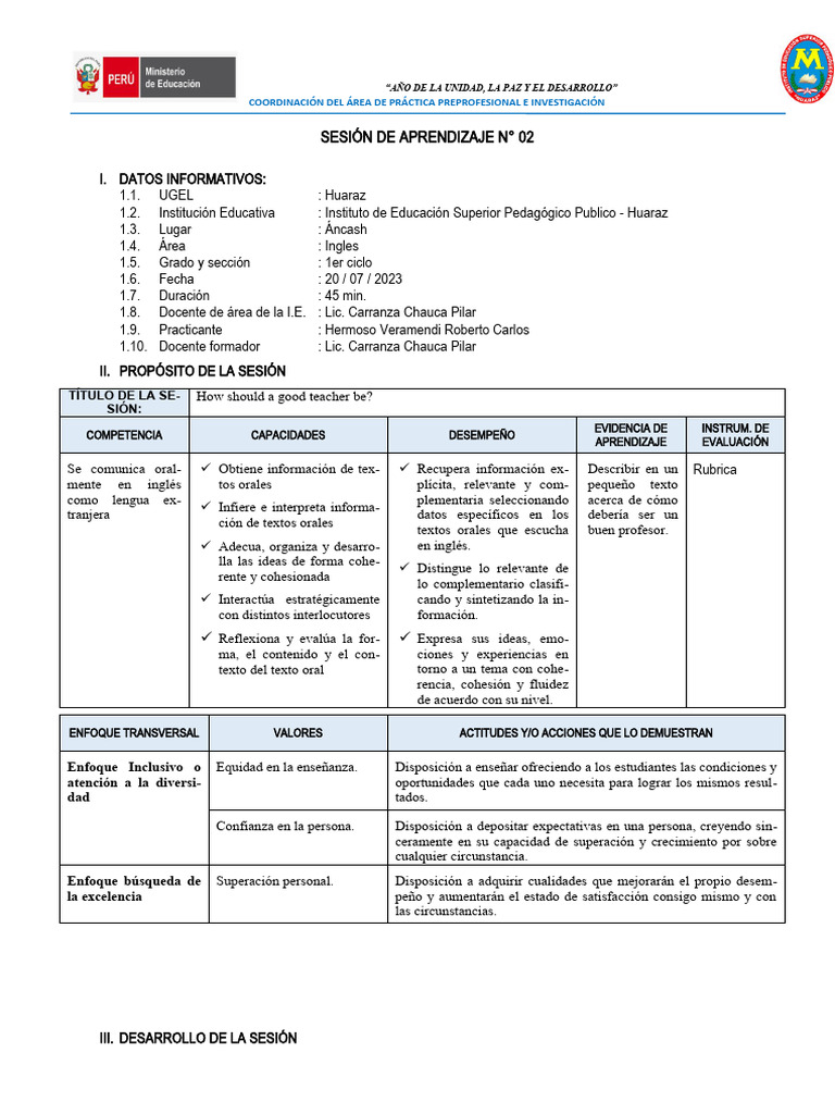 Sesión de Aprendizaje - Ingles | PDF | Evaluación | Maestros