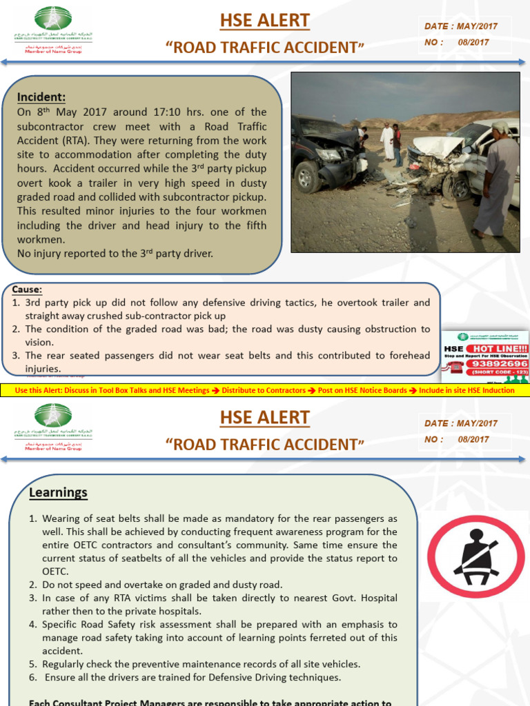 HSE Alert - RTA | PDF | Traffic Collision | Seat Belt