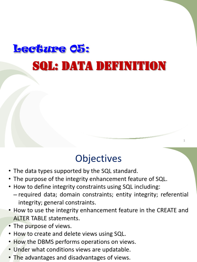 Lecture 05 SQL Definition | PDF | Database Transaction | Computer ...