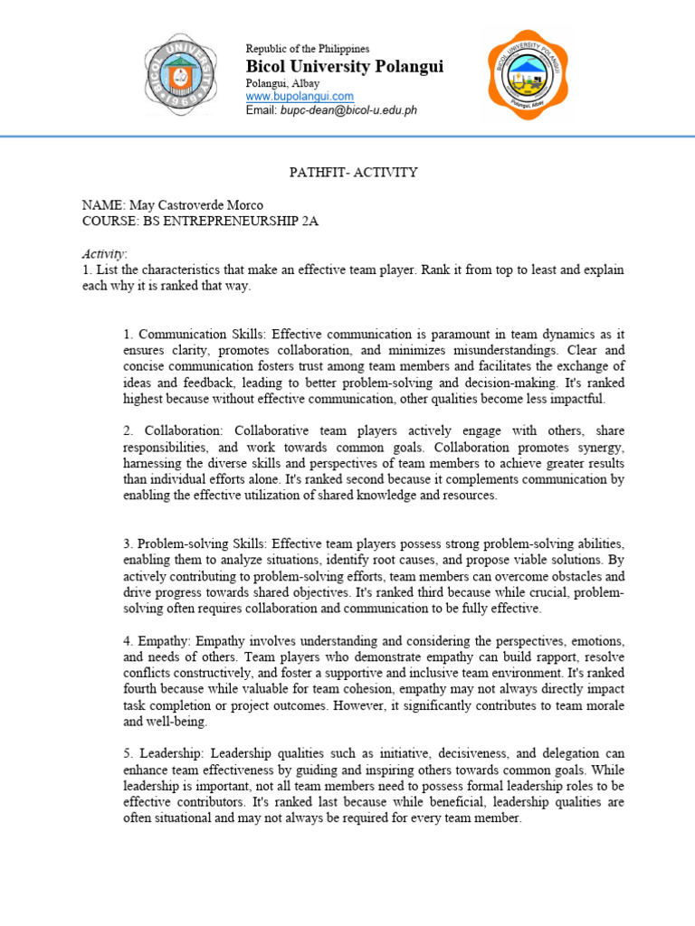 Pathfit Reflection | PDF | Communication | Leadership