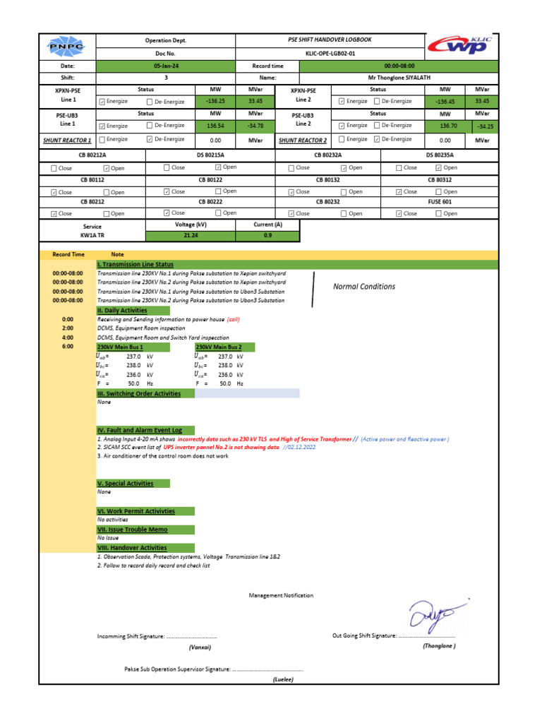05-Jan-2024 Shift 3-NS PSE-Sub-logbook | PDF | Electrical Substation | Physical Quantities
