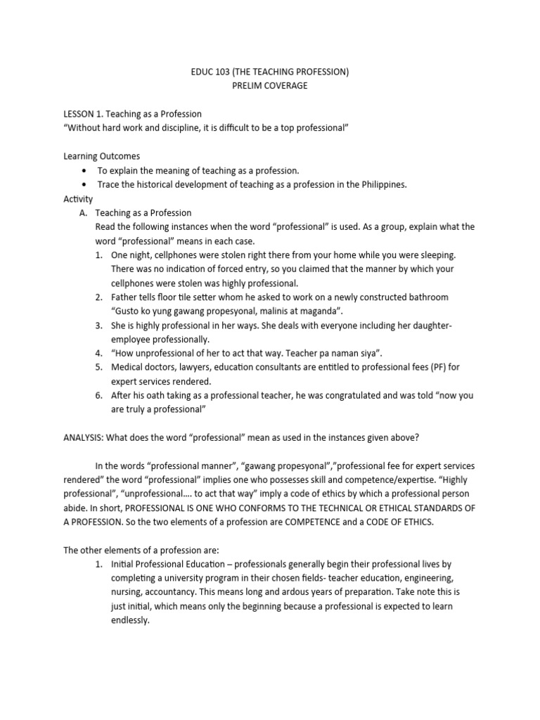 EDUC 103 PRELIM&MIDTERM COVERAGE | PDF | Learning | Teachers