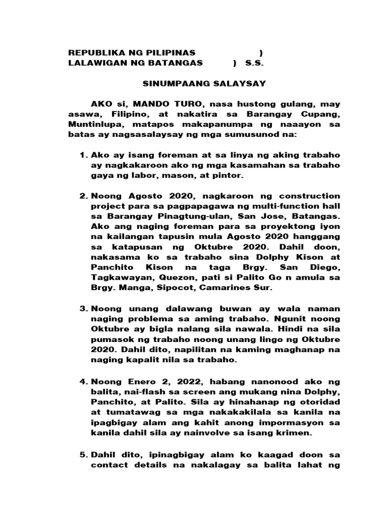 Sinumpaang Salaysay Witness | PDF