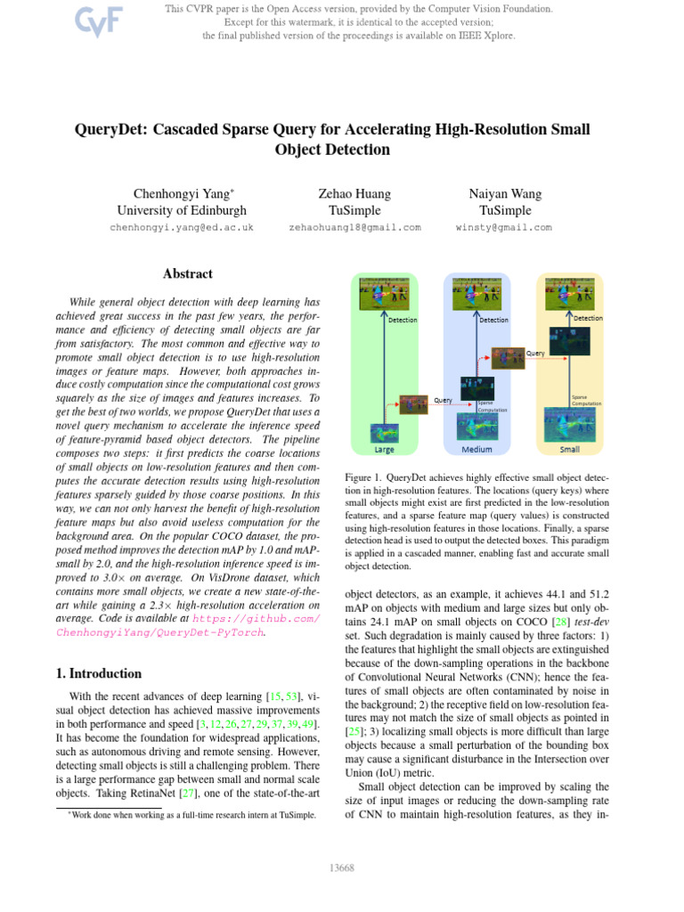 Yang QueryDet Cascaded Sparse Query For Accelerating High-Resolution Small Object Detection CVPR ...