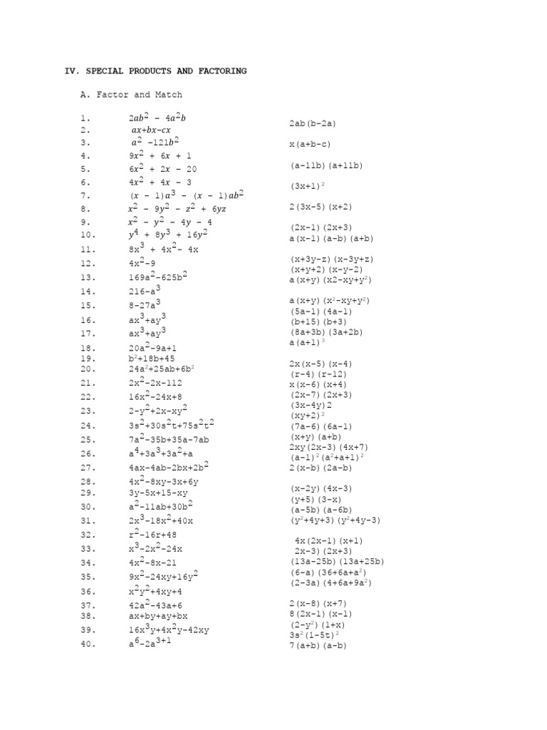 Alg 4 and 5 Special Products Factoring Binomial Theorem 40 and 50 Items | PDF | Mathematical ...