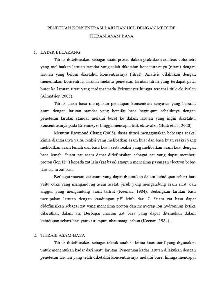 Penetuan Konsentrasi Larutan HCL Dengan Metode Titrasi Asam Basa | PDF