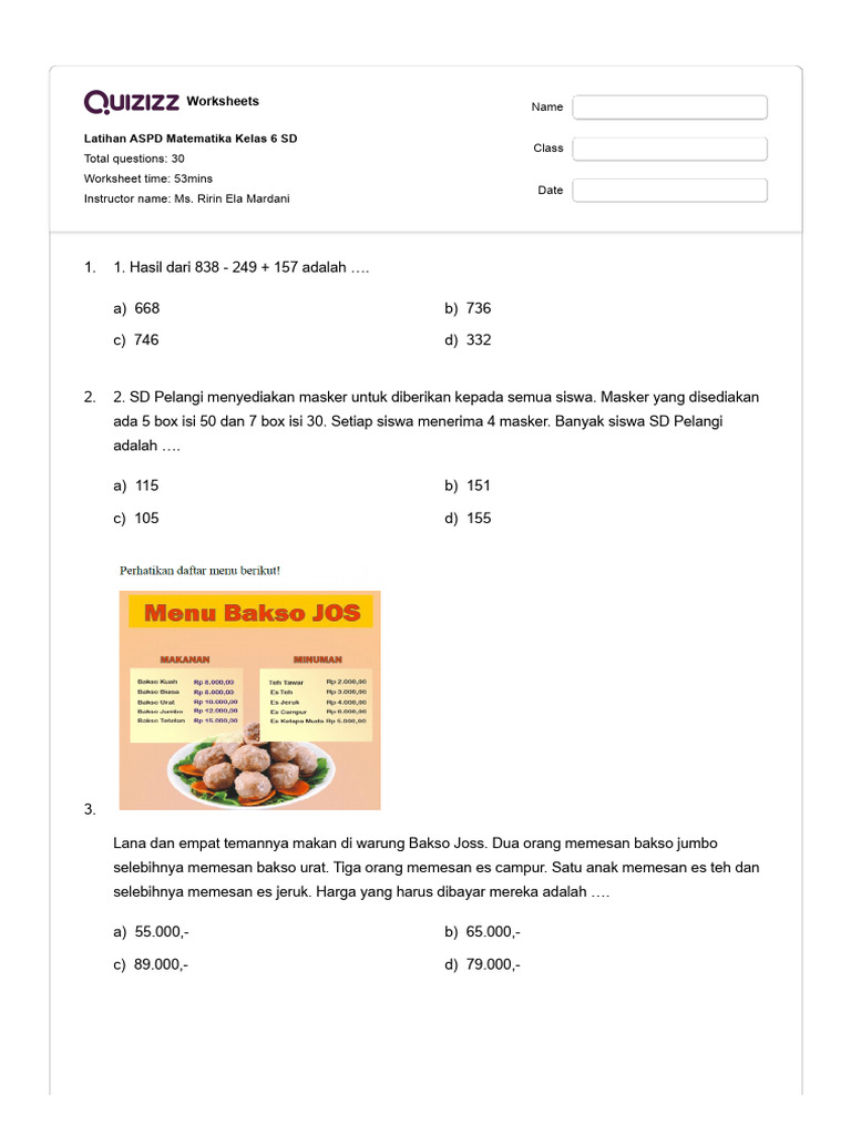 Latihan ASPD Matematika Kelas 6 SD - Quizizz | PDF