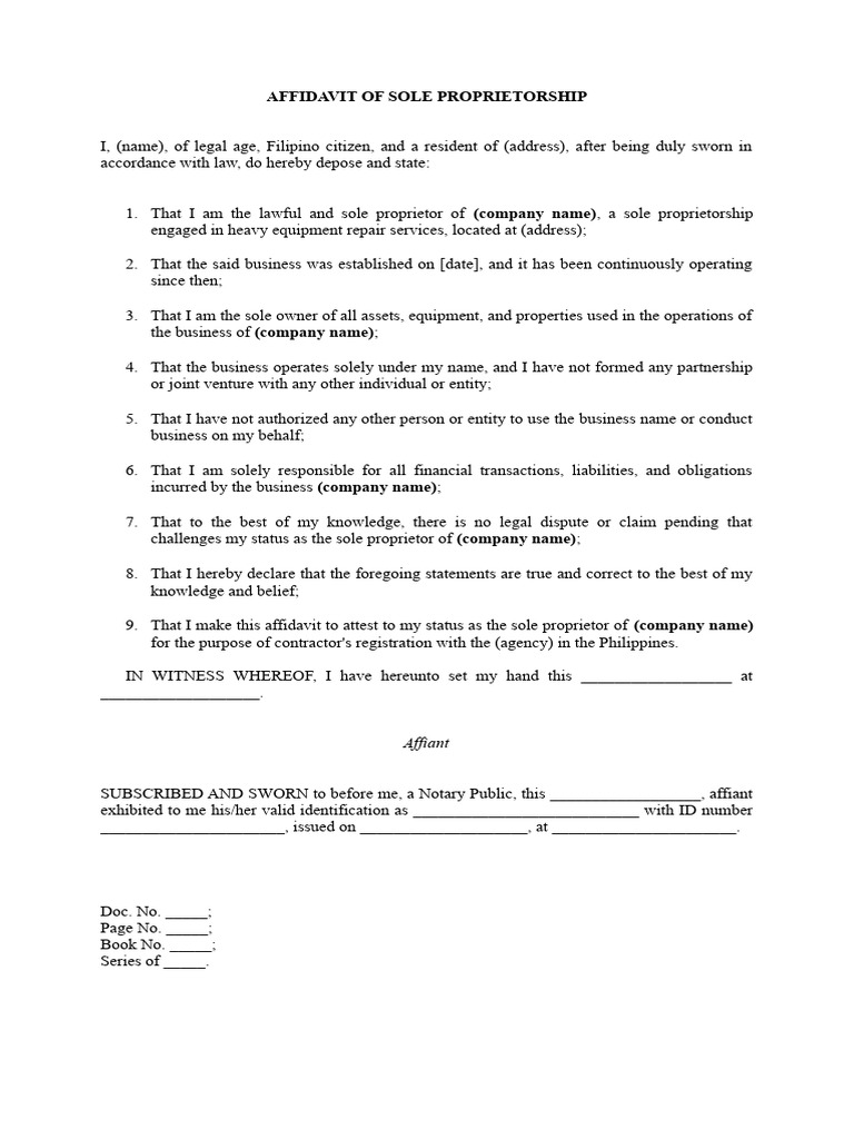 Affidavit of Sole Proprietorship Sample | PDF
