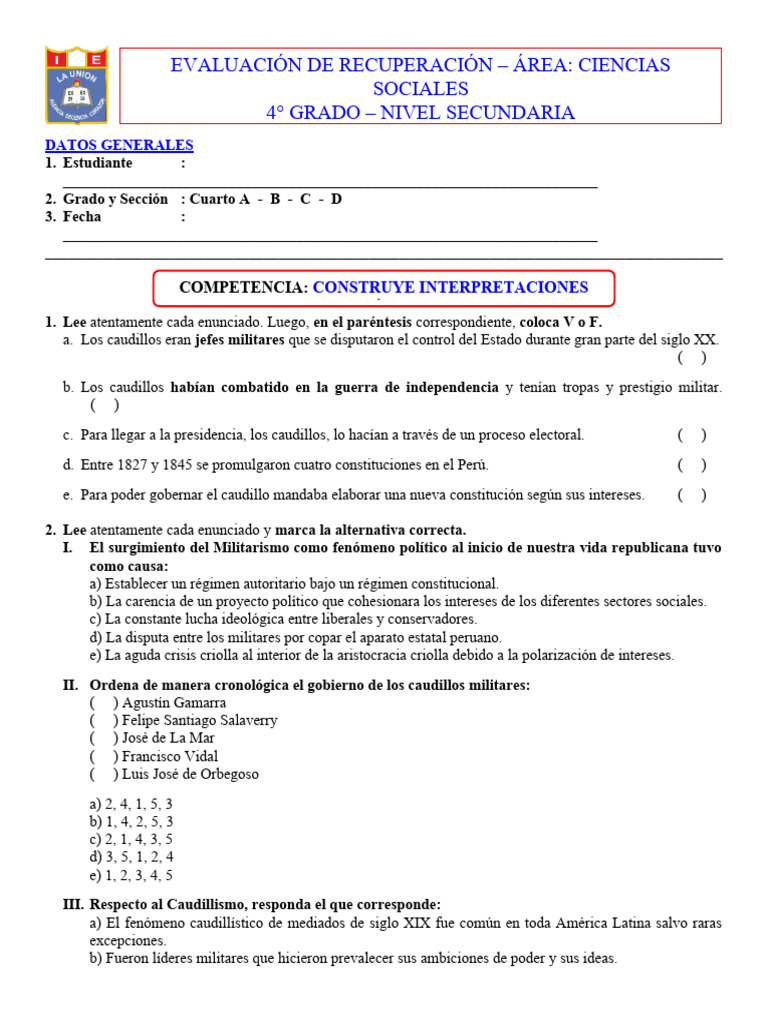 Examen de Recuperación - 4° CCSS - 2023 | PDF | Perú | América del Sur Examen de Recuperación - 4° CCSS - 2023 | PDF | Perú | América del Sur