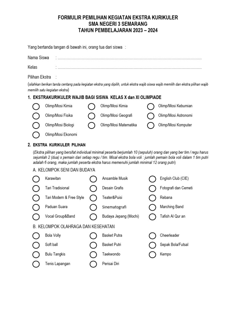 Formulir Pemilihan Kegiatan Ekstra Kurikuler | PDF