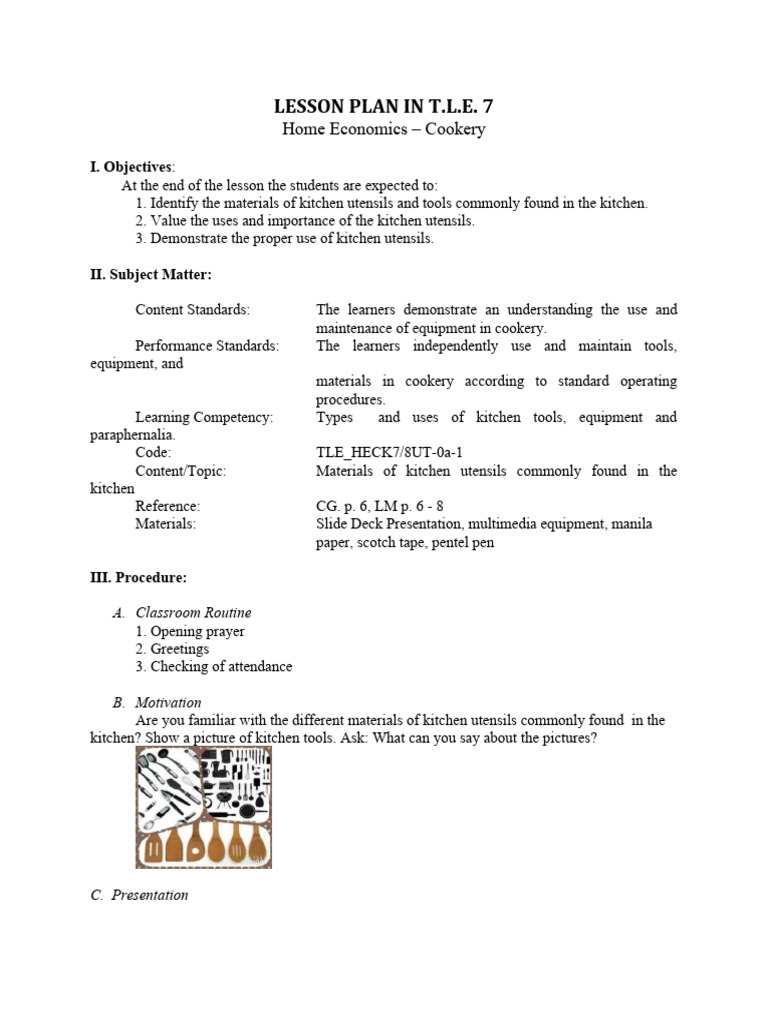 Lesson Plan in TLE 7 Cookery | PDF | Kitchen Utensil