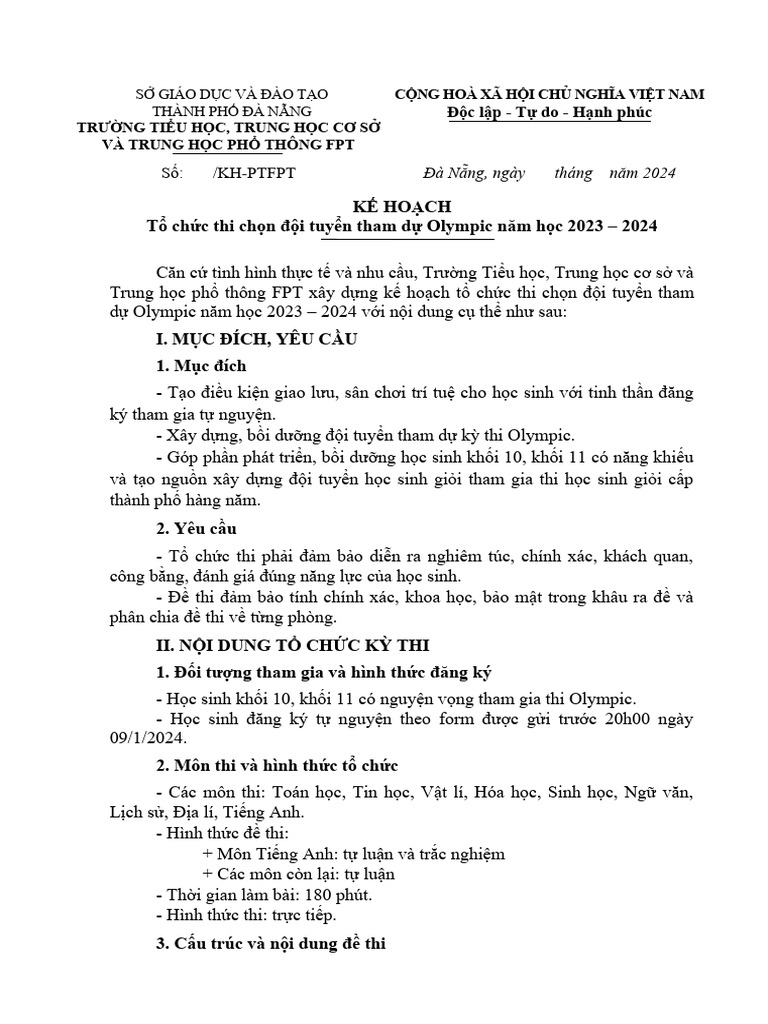 KH thi chọn đội tuyển Olympic | PDF