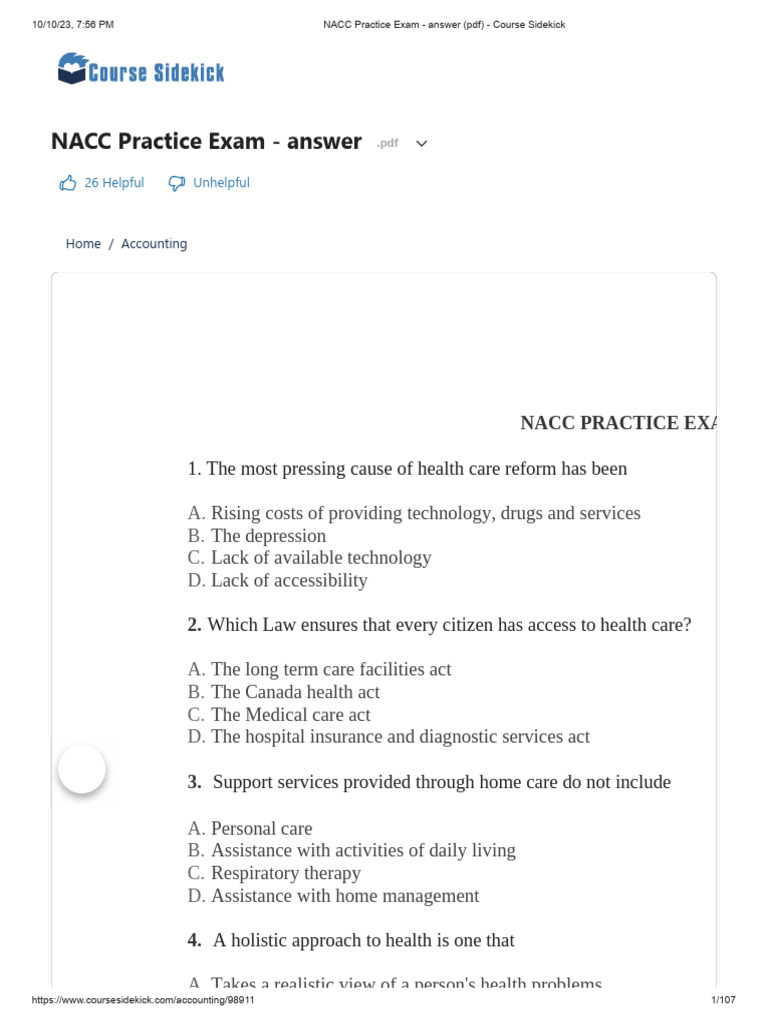 NACC Practice Exam - Answer (PDF) - Course Sidekick | PDF | Physical Therapy | Nursing